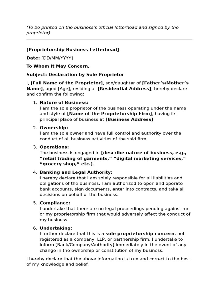 Sole Proprietorship Declaration Letter | PDF