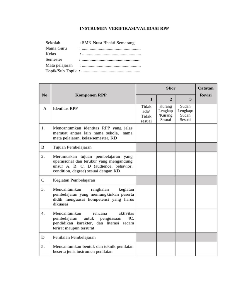 INSTRUMEN VERIFIKASI RPP | PDF