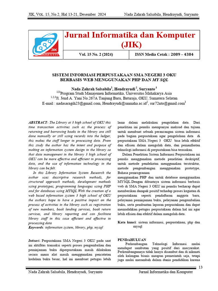Sistem Informasi Perpustakaan Sma Negeri 3 Oku Berbasis Web Menggunakan PHP Dan My SQL | PDF