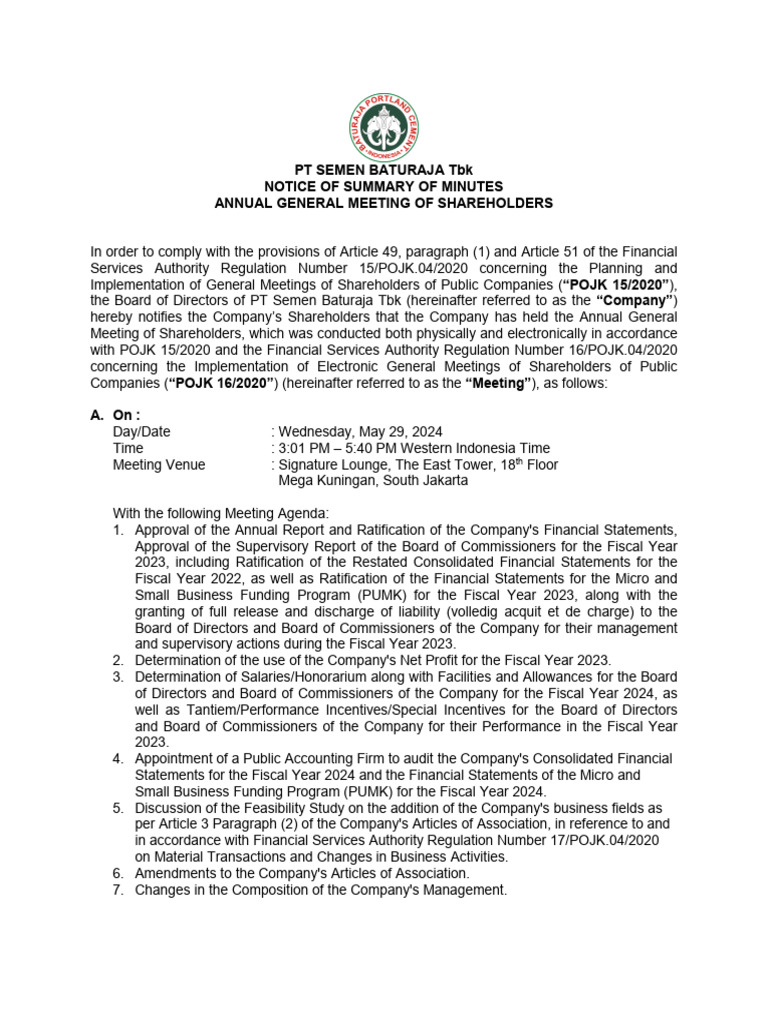 SMBR Ringkasan Risalah Risalah RUPS 31645125 Lamp1-1 | PDF | Dividend ...