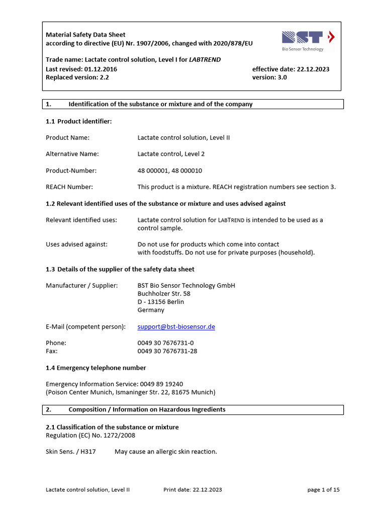 Lactate Control Solution Safety Data Sheet | PDF | Dangerous Goods | Safety