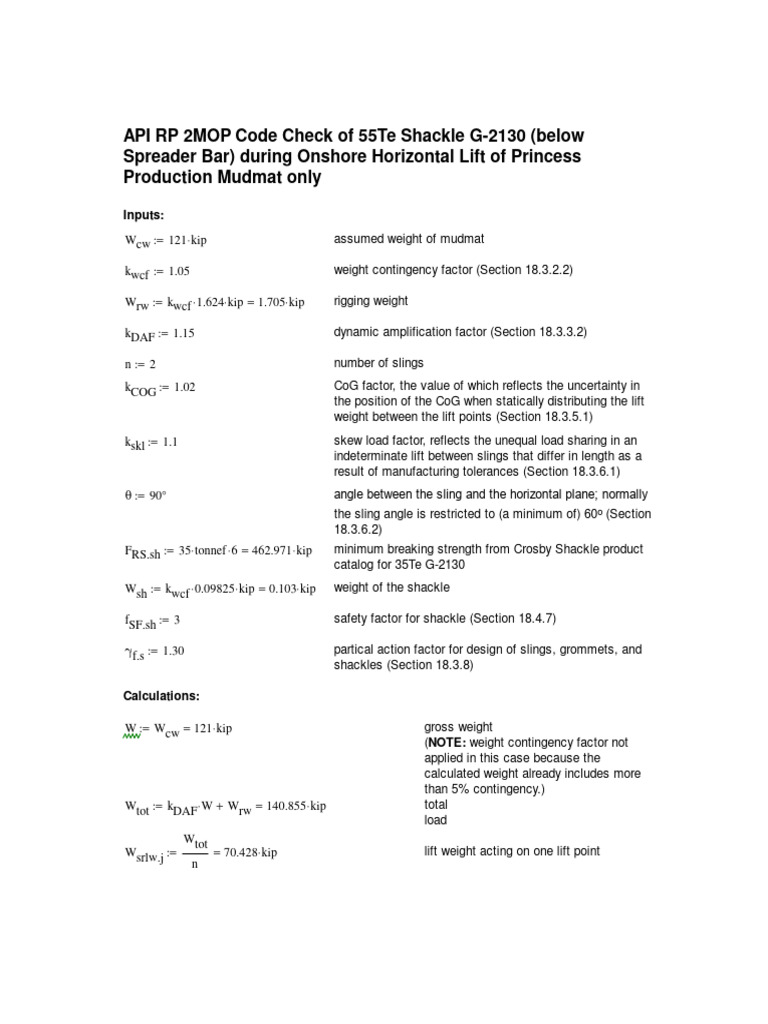 Mathcad - API RP 2MOP Code Check of Shackle During Horizontal 2pt Lift 1 REV A | PDF