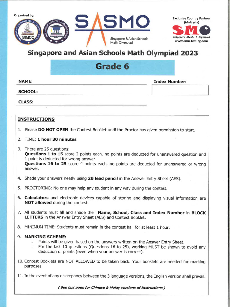 SASMO 2023 Primary 6 Problem Set With Answer Keys (K12mathcontests ...