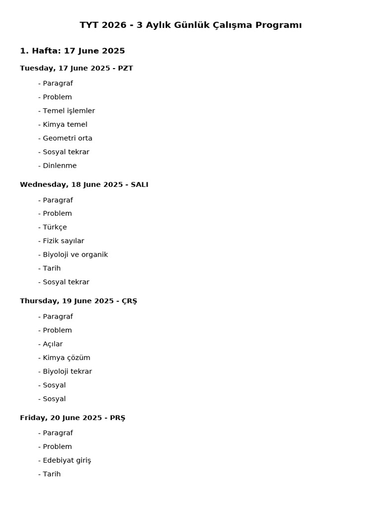 TYT 2026 3 Aylik Gunluk Program | PDF
