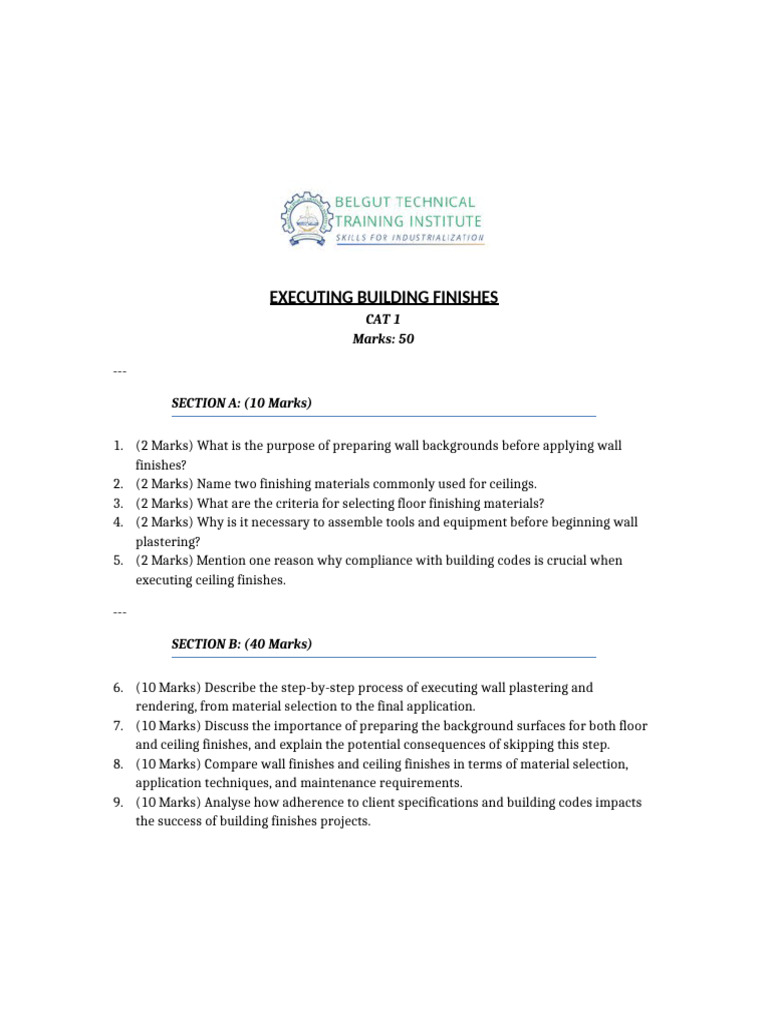 Executing Building Finishes CAT 1 | PDF