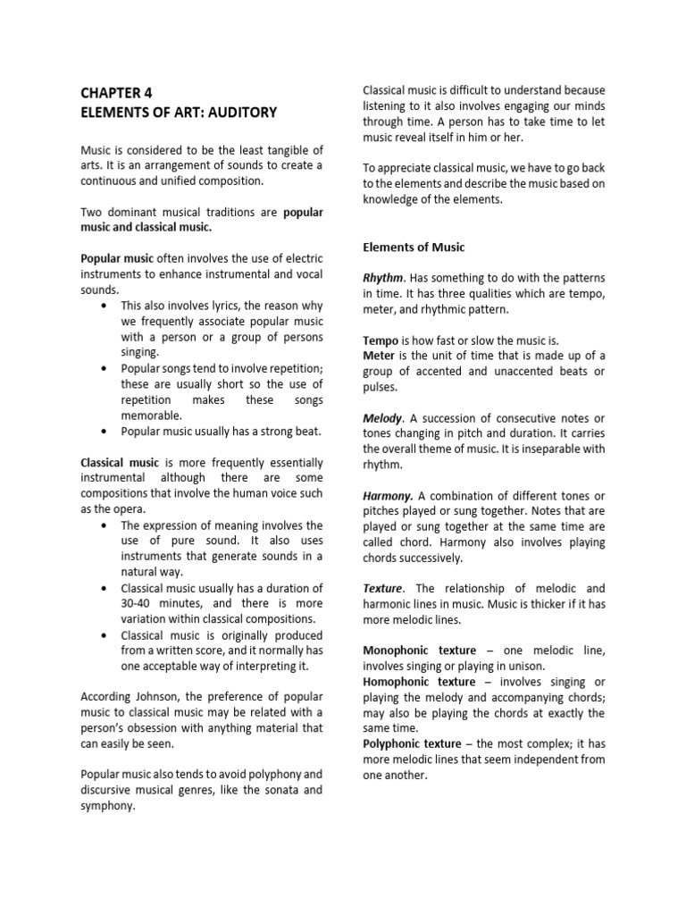 CHAPTER 4 Auditory Elements of Art Outline | PDF | Rhythm | Harmony