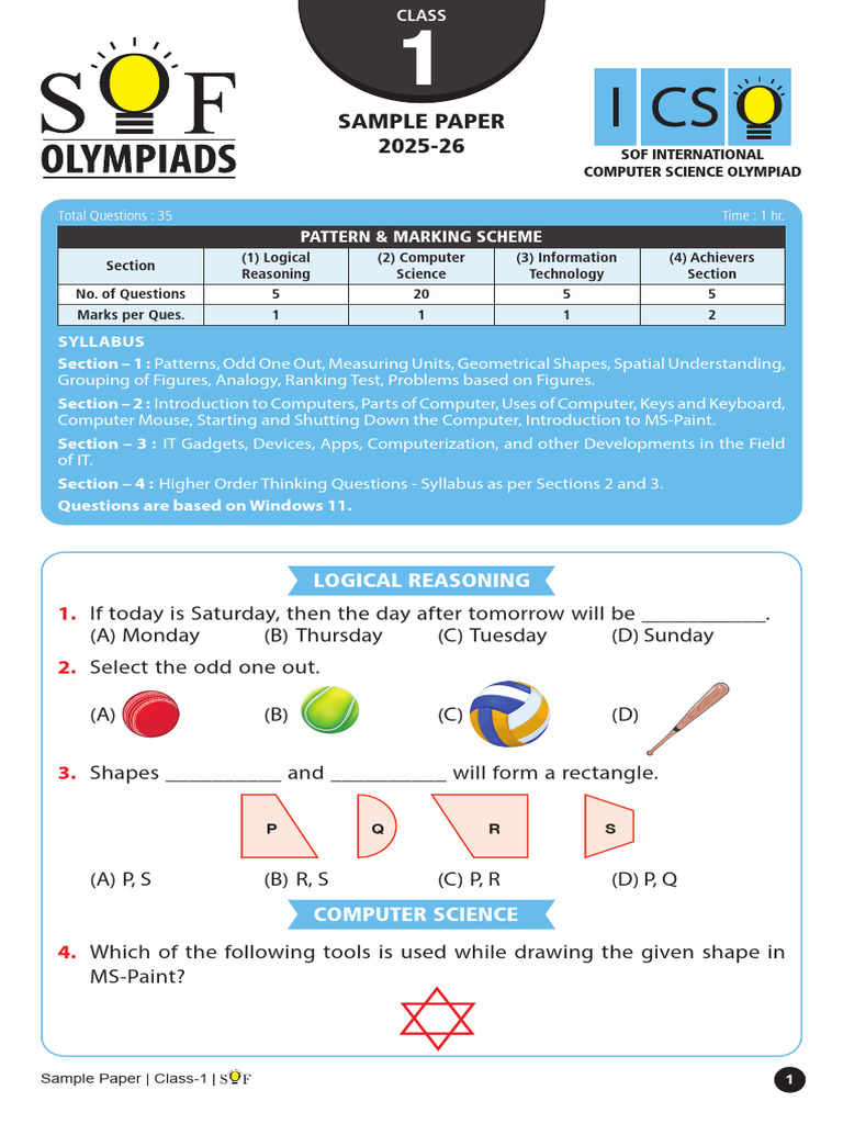 Icso Sample Paper Class-1 2025-26 | PDF | Computing