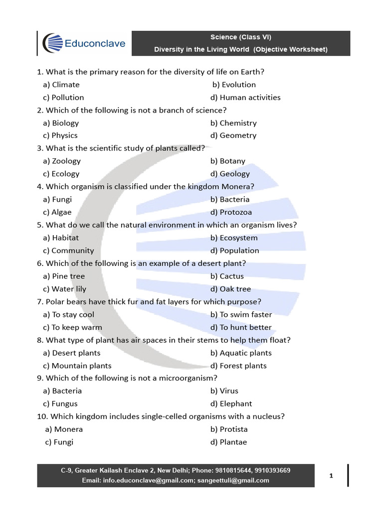 Class VI Science: Living World Diversity Worksheet | PDF | Plants | Habitat
