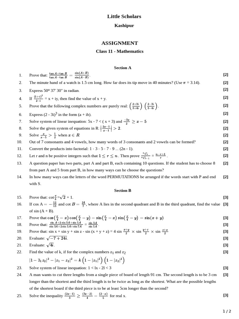 Class 11 Maths Important Question | PDF | Mathematics