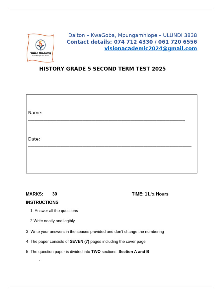 Social Sciences History Grade 5 Controlled Test Term 2 2024 | PDF ...