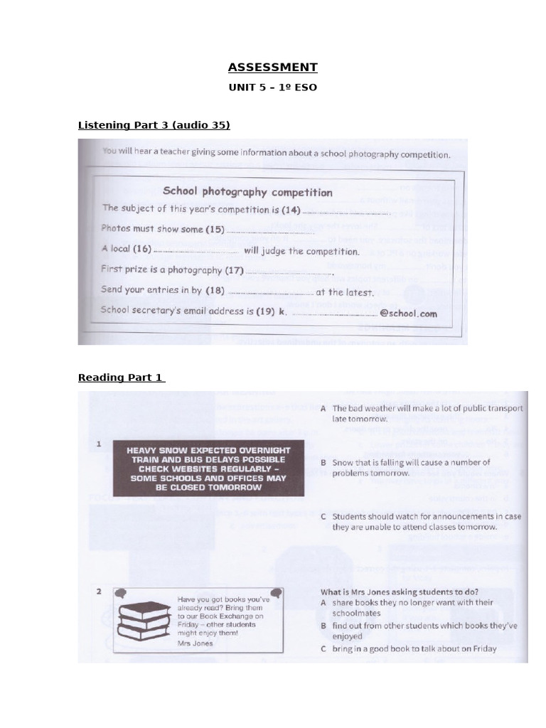 Assessment Unit 5 1º Eso | PDF