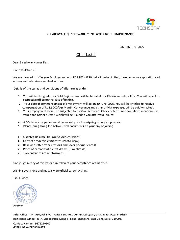 Offer Letter - Baleshwar Kumar Das-20-June 2025 | PDF