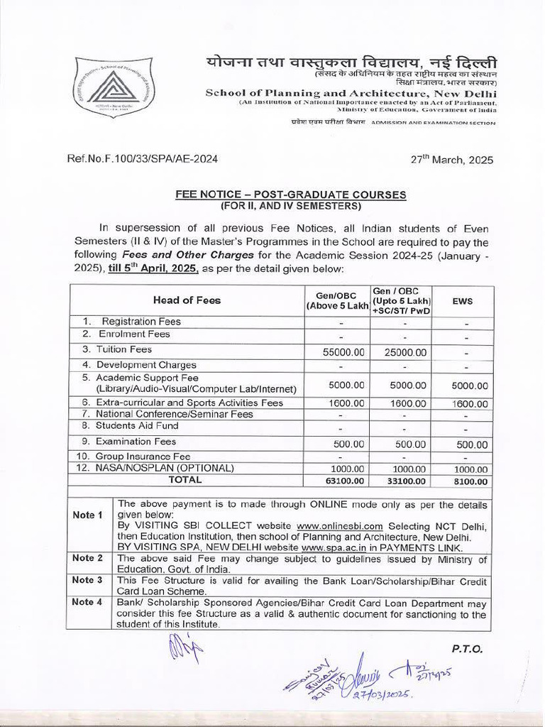 Revised Fee Notice For PG Courses | PDF