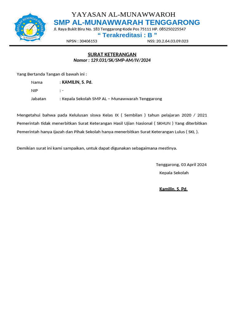 Surat Keterangan Lulus SMP 2021 | PDF