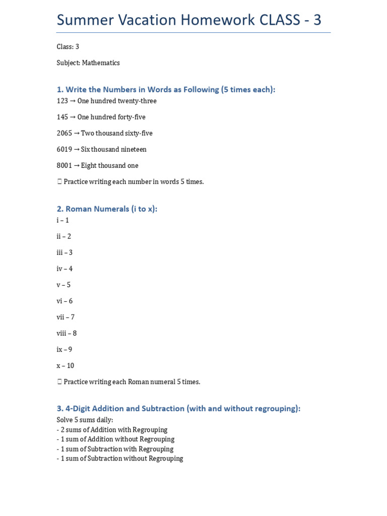 Summer Vacation Homework Class3 Maths | PDF