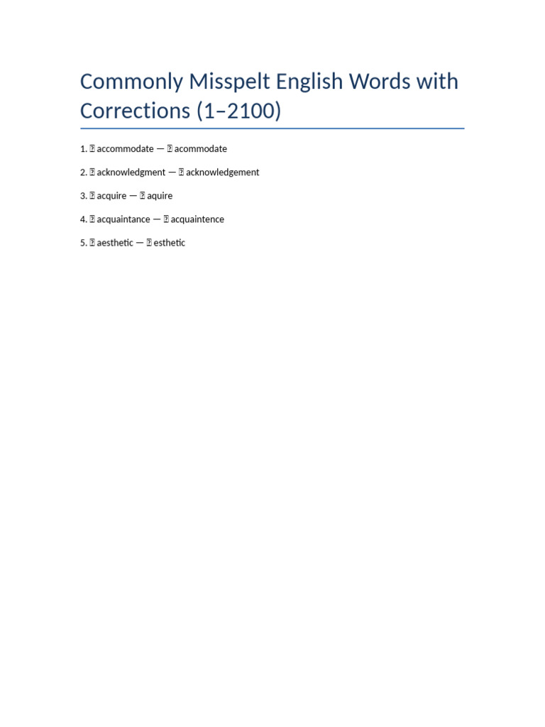 Commonly Misspelt English Words Detailed 1 To 2100 | PDF