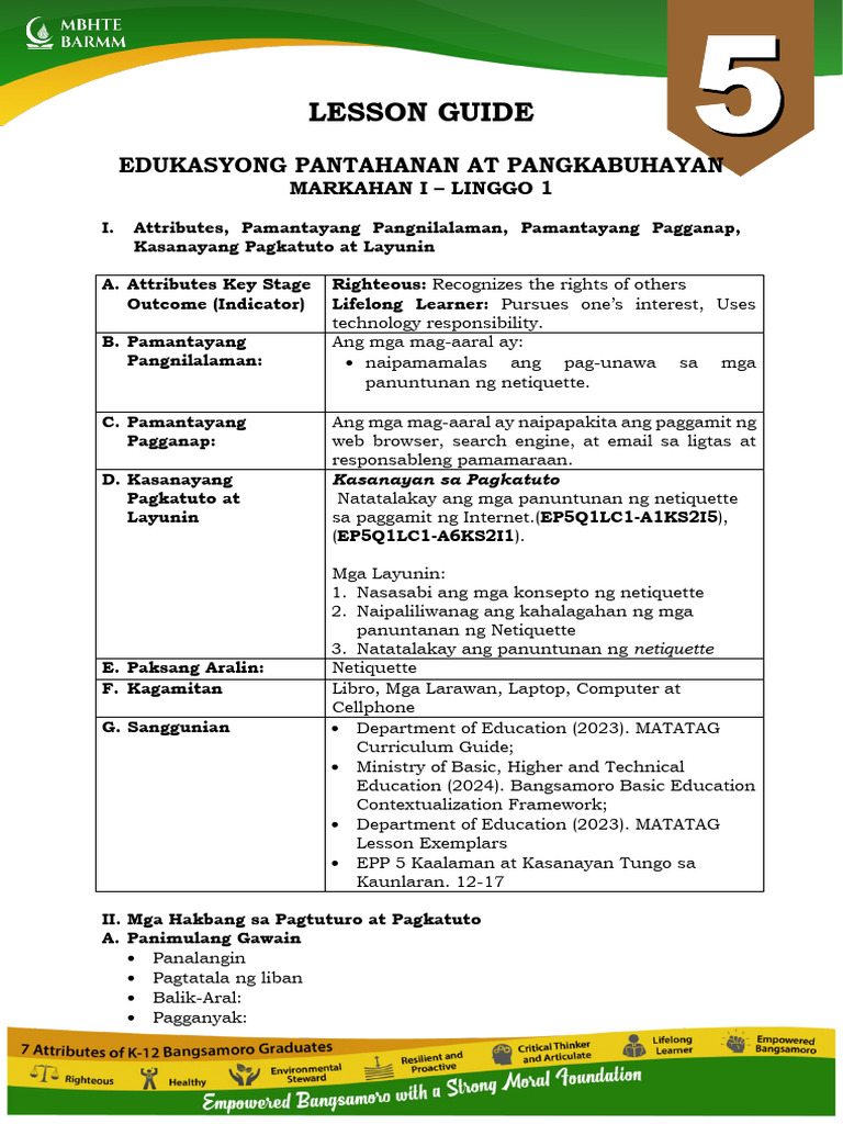 Lesson Guide: Edukasyong Pantahanan at Pangkabuhayan | PDF