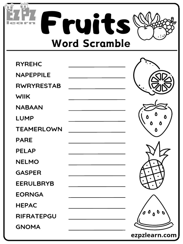 Fruits Word Scramble 16 Words | PDF