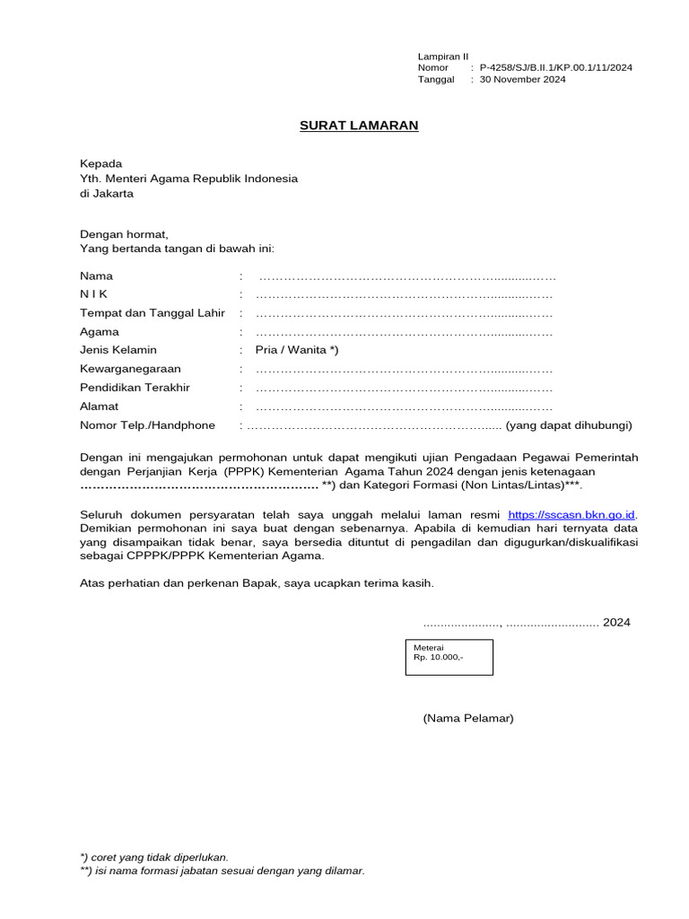 Format Surat Lamaran PPPK Tahap 2 TA. 2024 | PDF
