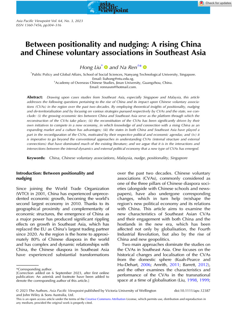 Asia Pacific Viewpoint - 2023 - Liu - Between Positionality and Nudging A Rising China and ...