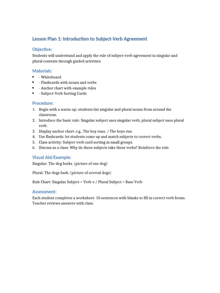 Lesson Plan 1 Subject Verb Agreement Detailed | PDF