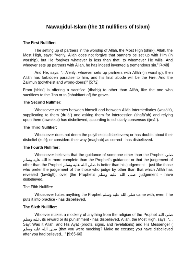 The 10 Nullifiers of Islam Explained | PDF | Islamic Belief And ...