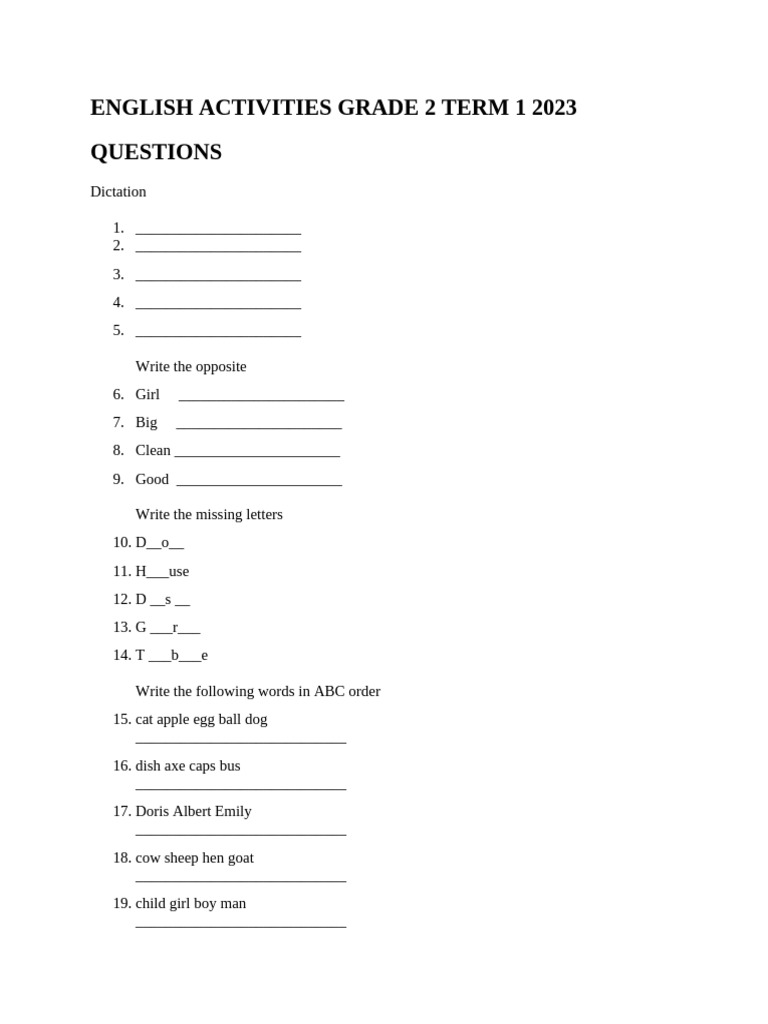 English Activities Grade 2 | PDF