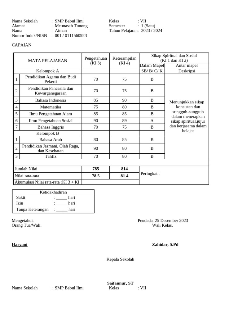 Rapor Siswa Semister I | PDF