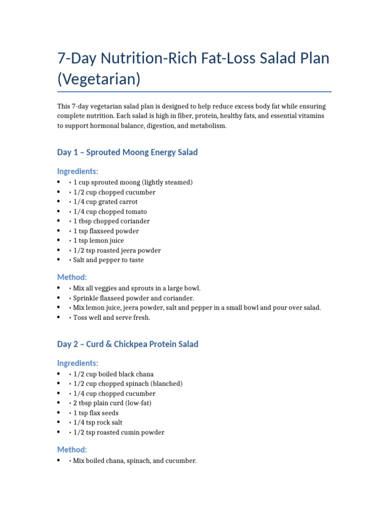 7 Day Fat Loss Salad Plan | PDF | Chickpea | Salad