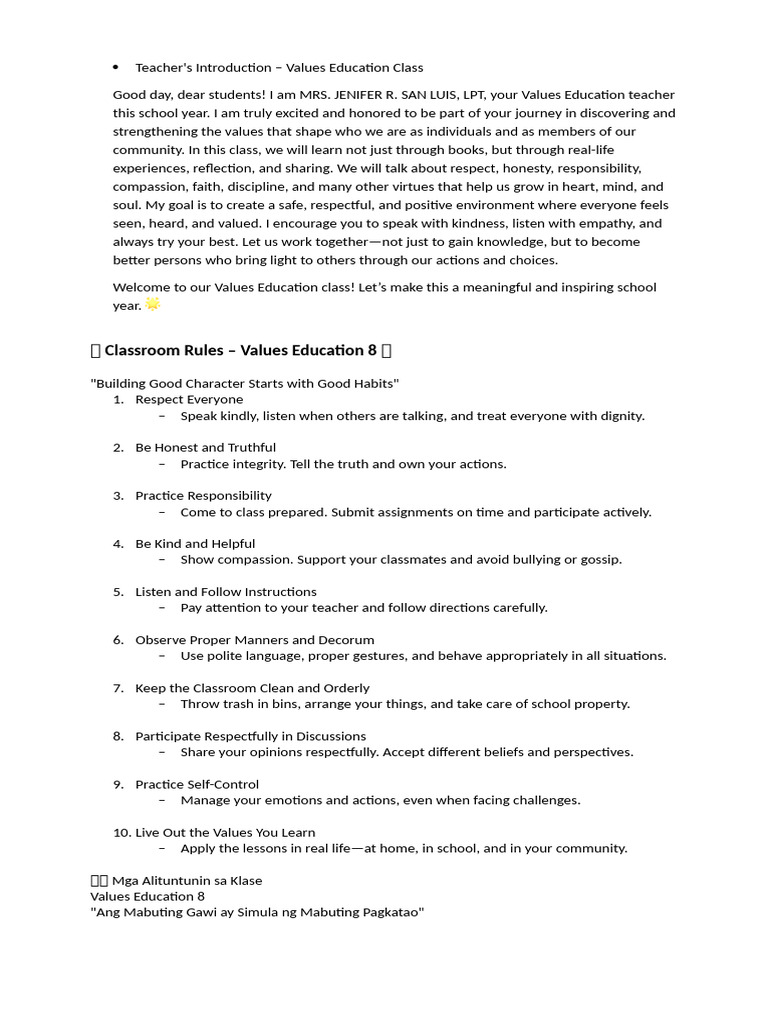 Classroom Rules for Values Education 8 | PDF | Teachers