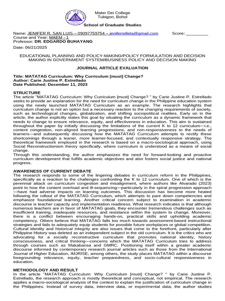 JAE - MATATAG Curriculum Why Curriculum (Must) Change. SAN LUIS | PDF | Curriculum | Theory