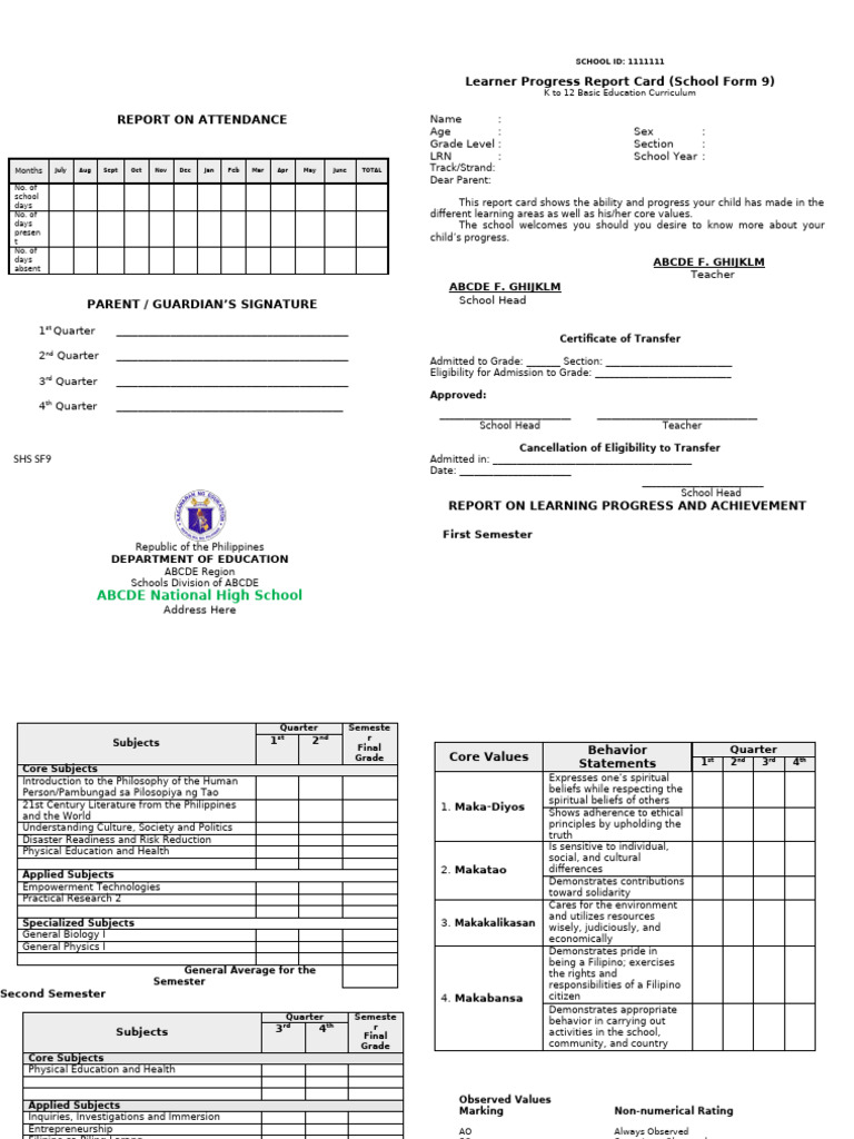 Report Card sf9 SHS BLANK | PDF