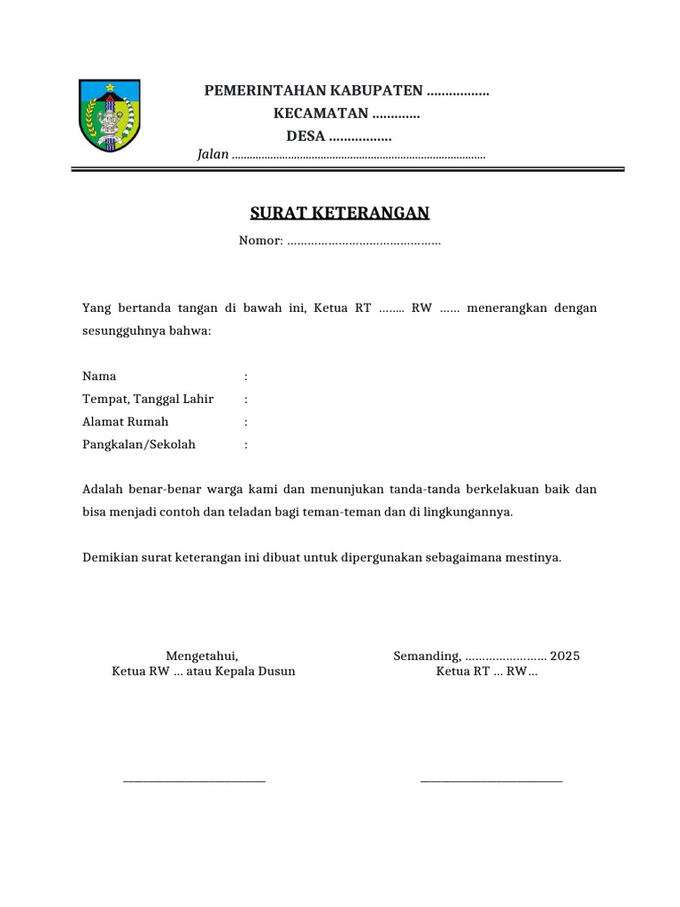 Surat Keterangan Berkelakuan Baik Dari Ketua RT RW | PDF