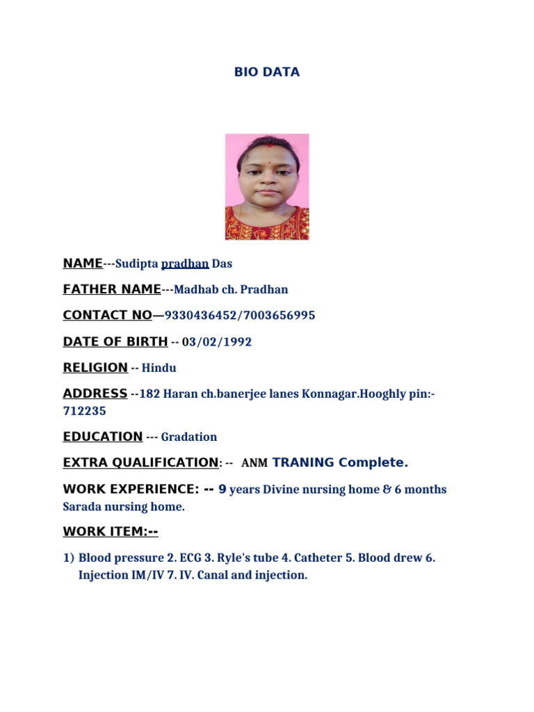 Bio Data: Name Father Name Contact No Date of Birth Religion Address | PDF
