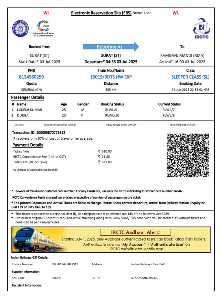 19019/BDTS HW EXP Sleeper Class (SL) : WL WL | PDF | Identity Document ...