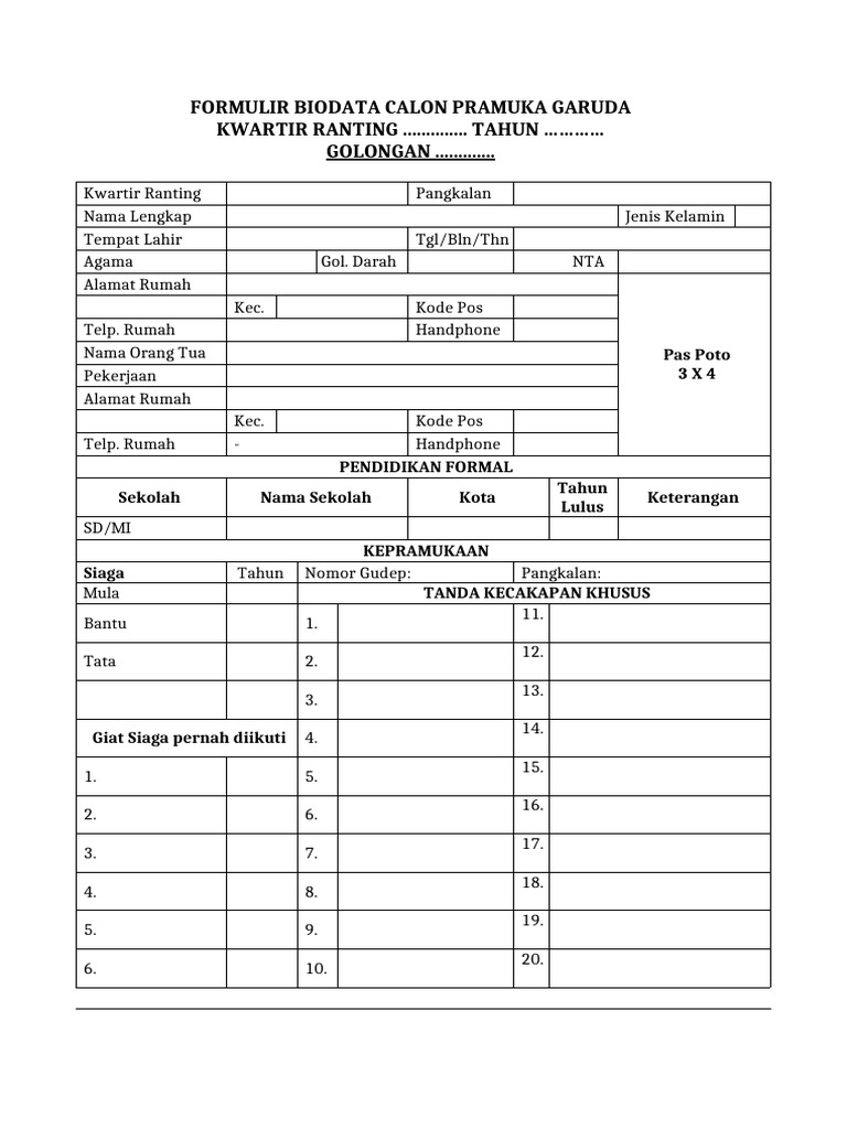Biodata Calon Pramuka Garuda | PDF