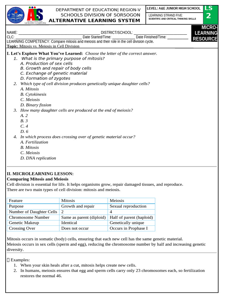 LS2 JHS Compare Mitosis and Meiosis and Their Role in The Cell Division Cycle | PDF | Meiosis ...