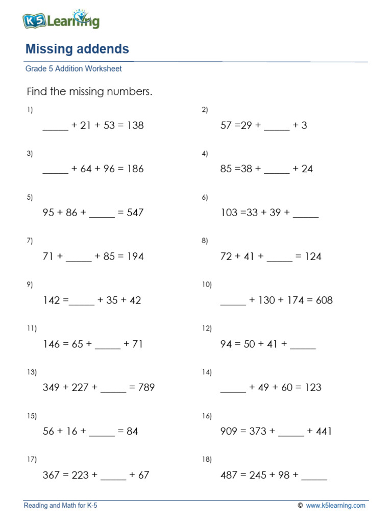 Grade 5 Missing Addend Problems A | PDF