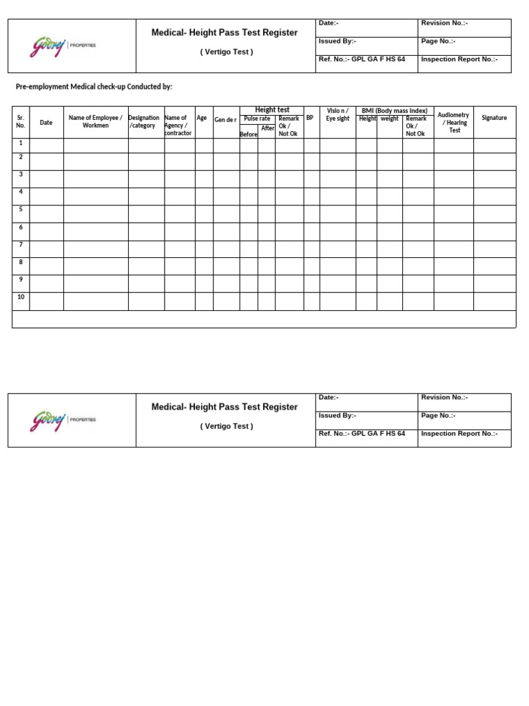 Height Pass Test Registration Form | PDF