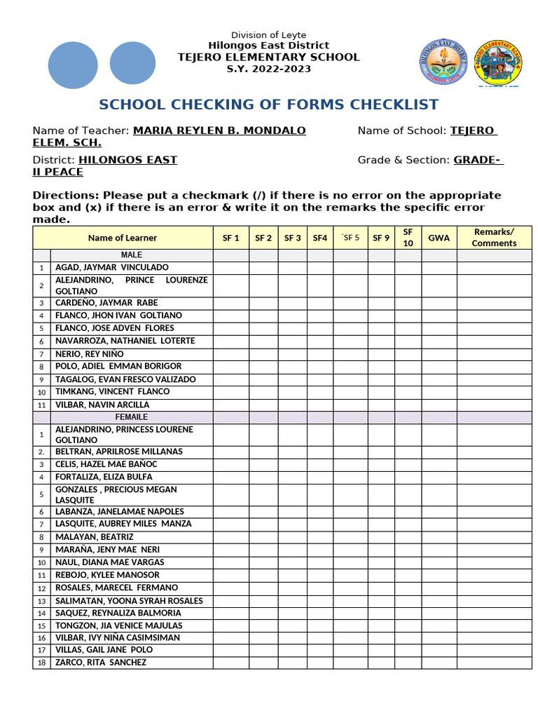 Tejero Elementary School Form Checklist | PDF