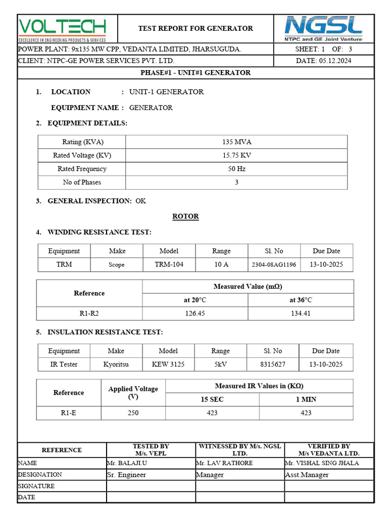Generator Test Report for NTPC-GE | PDF | Transformer | Electric Generator