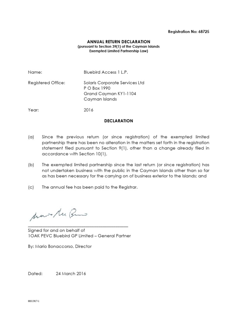 Annual Return and Declaration Partnerships (BlueBird Access 1 LP 2016 ...