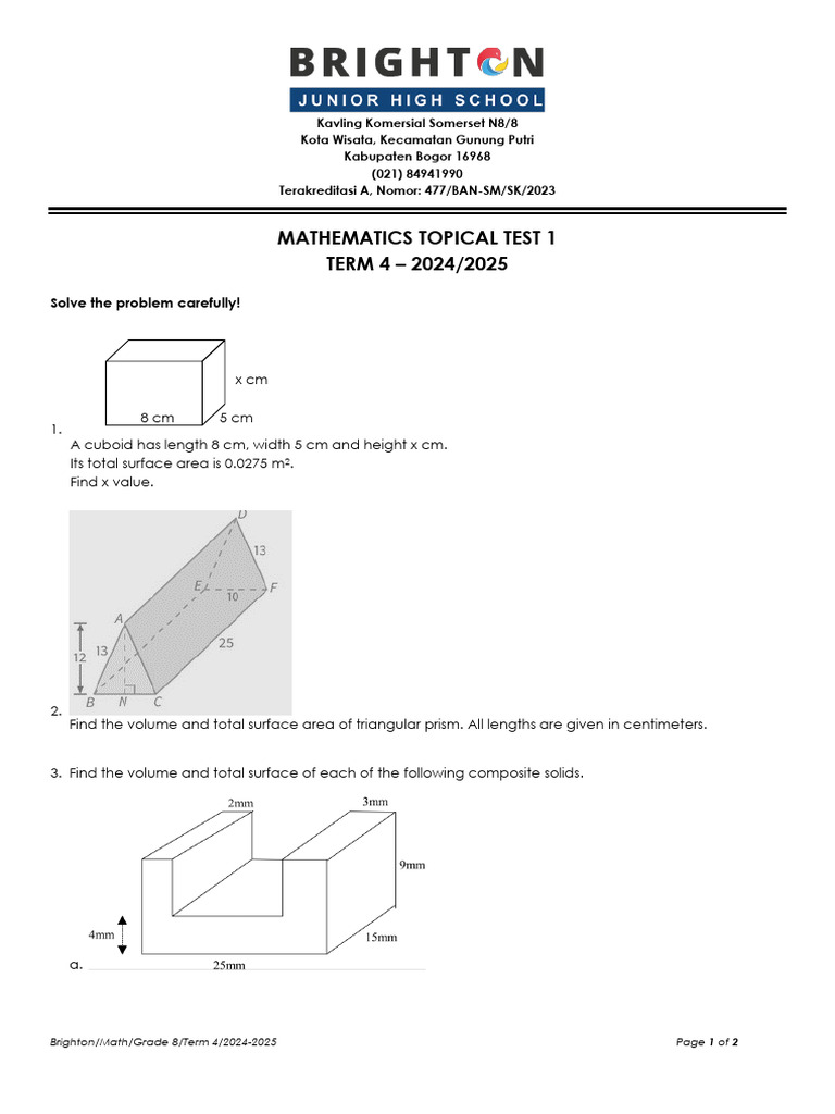 Grade 8 Math Test Term 4 2024-2025 | PDF