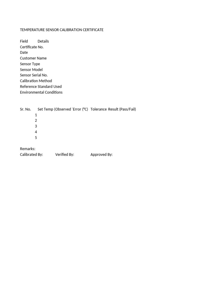 Temperature Sensor Calibration Certificate | PDF
