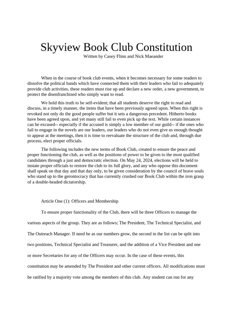Skyview Book Club Governance Constitution | PDF | Books | Government
