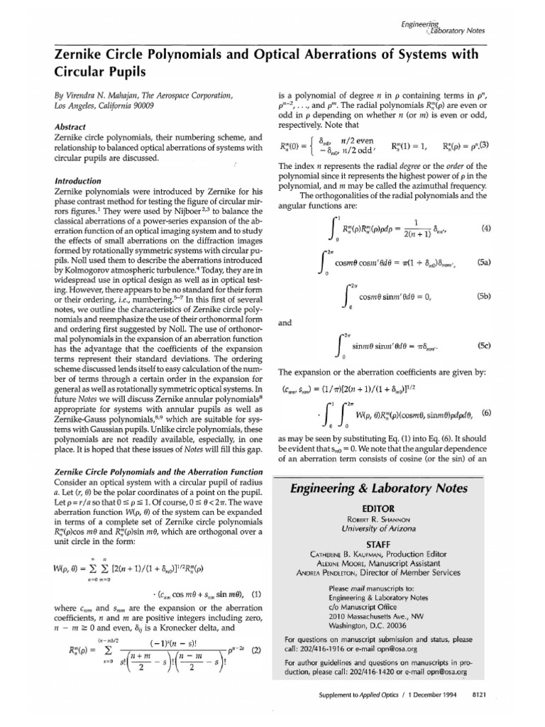 Zernike Circle Polynomials Mahajan1994 | PDF | Light | Applied And ...