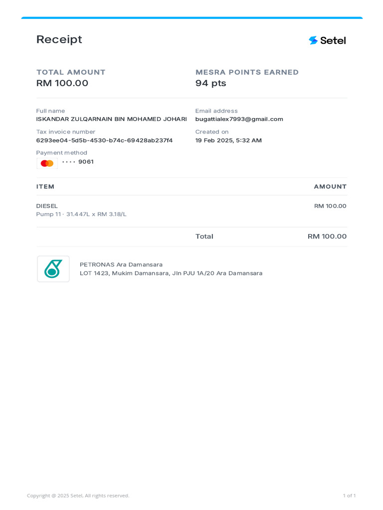 Diesel Purchase Receipt - RM 100.00 | PDF