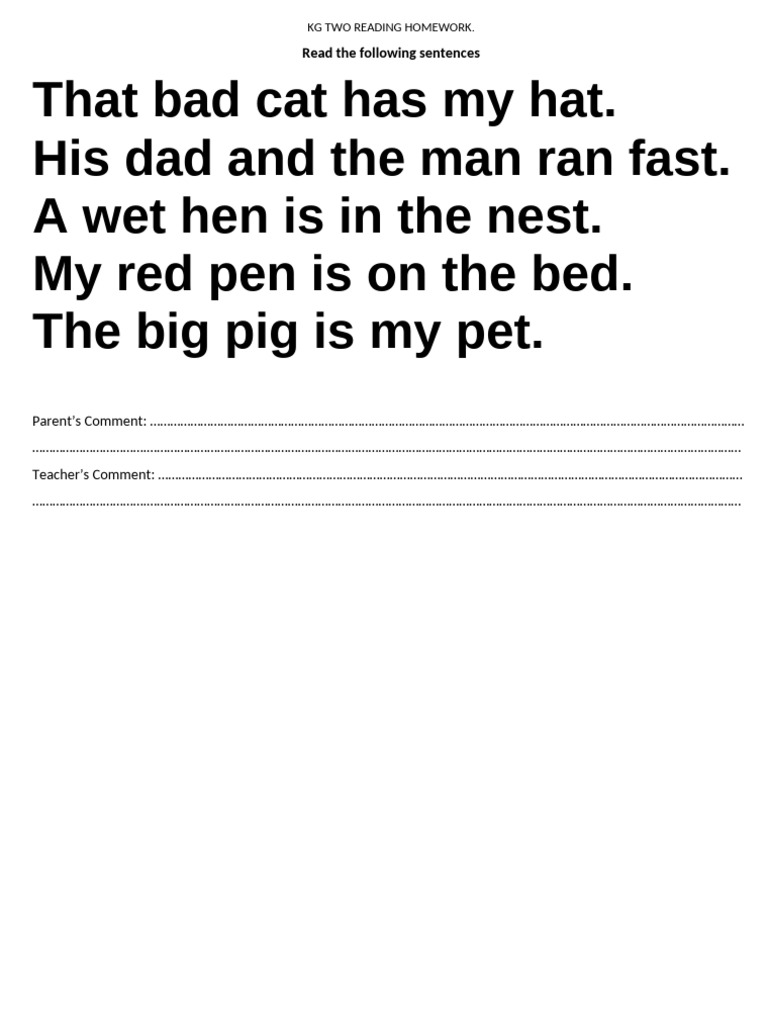 KG Two Reading Homework | PDF