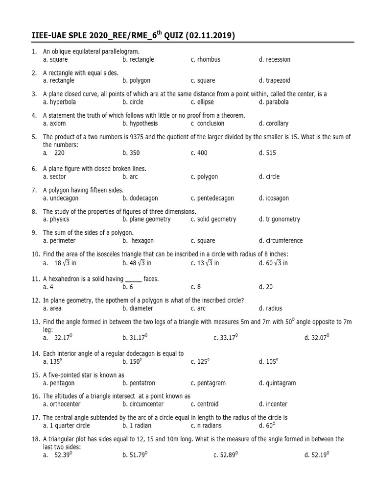 Geometry Quiz Questions and Answers | PDF | Triangle | Circle