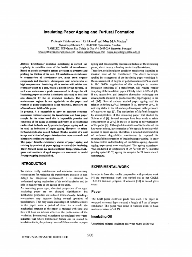 Furfural Formation in Insulating Paper | PDF | Insulator (Electricity ...